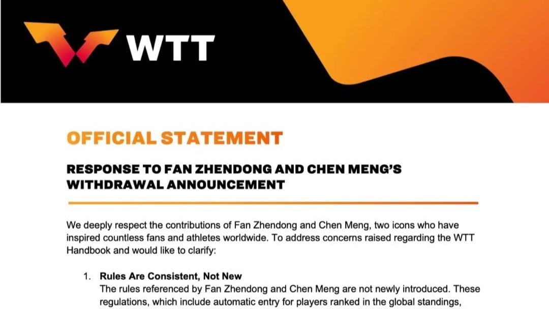 樊振東及陳夢退出世界排名 WTT強調新規定是維護比賽公正｜兩岸｜商業電台 881903